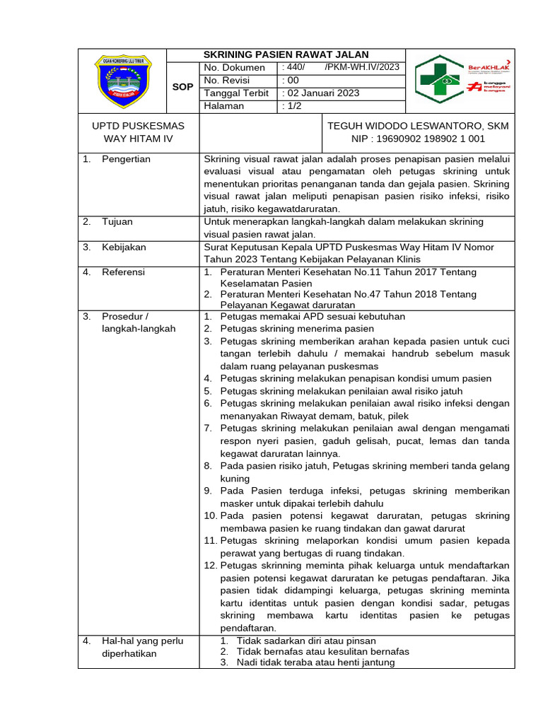 Sop Skrining Pasien Rawat Jalan | PDF