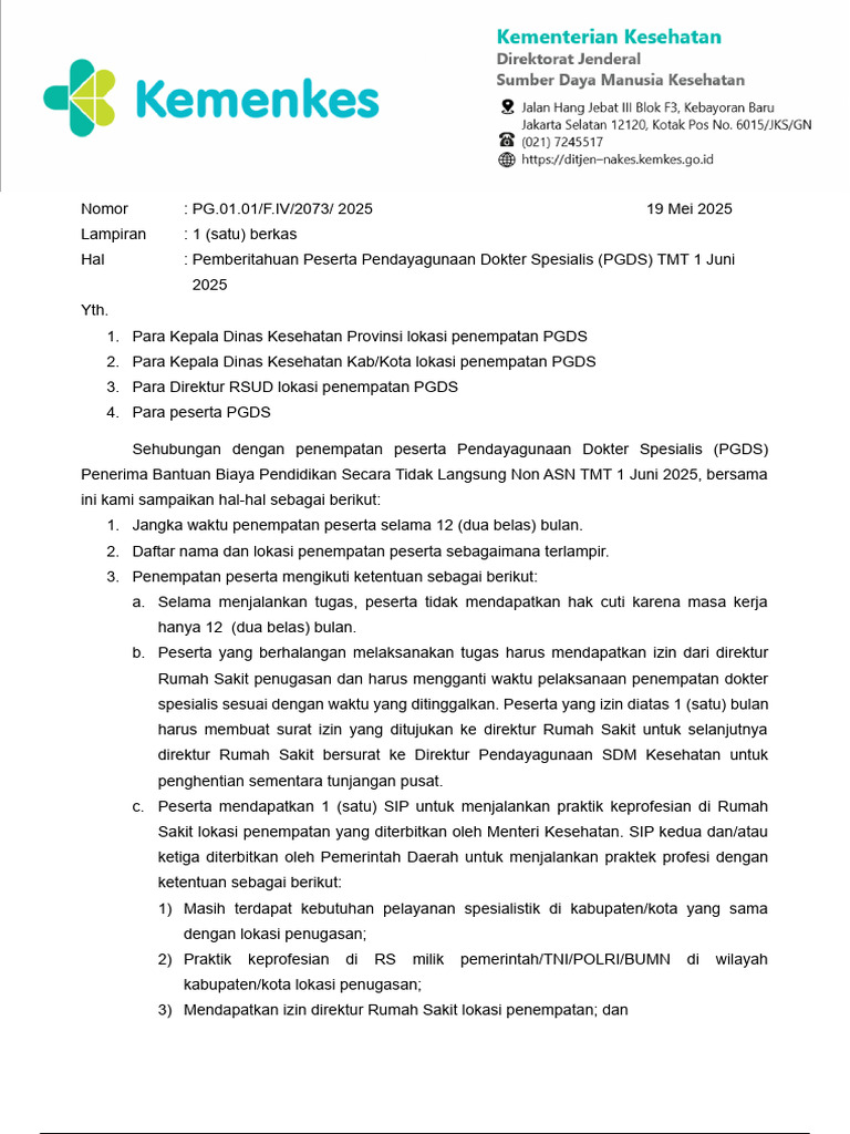 Surat Pemberitahuan Peserta & RS TMT 1 Juni 2025 | PDF