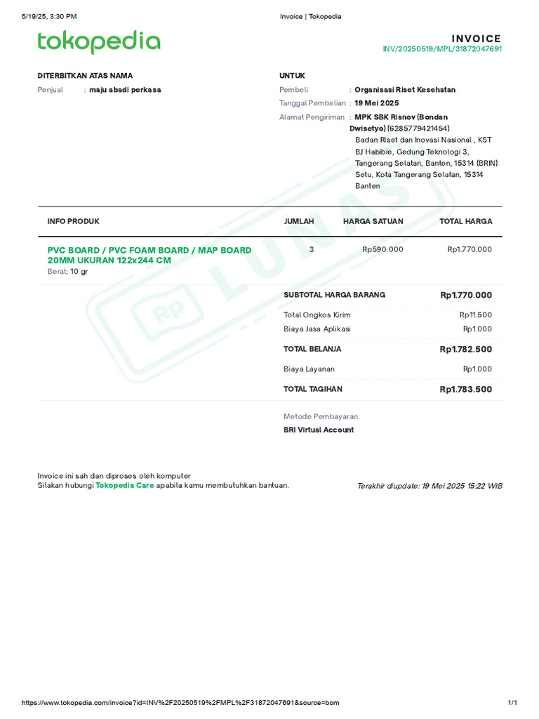 Invoice - PVC BOARD PVC FOAM BOARD MAP BOARD 20MM UKURAN 122x244 CM - 1 ...