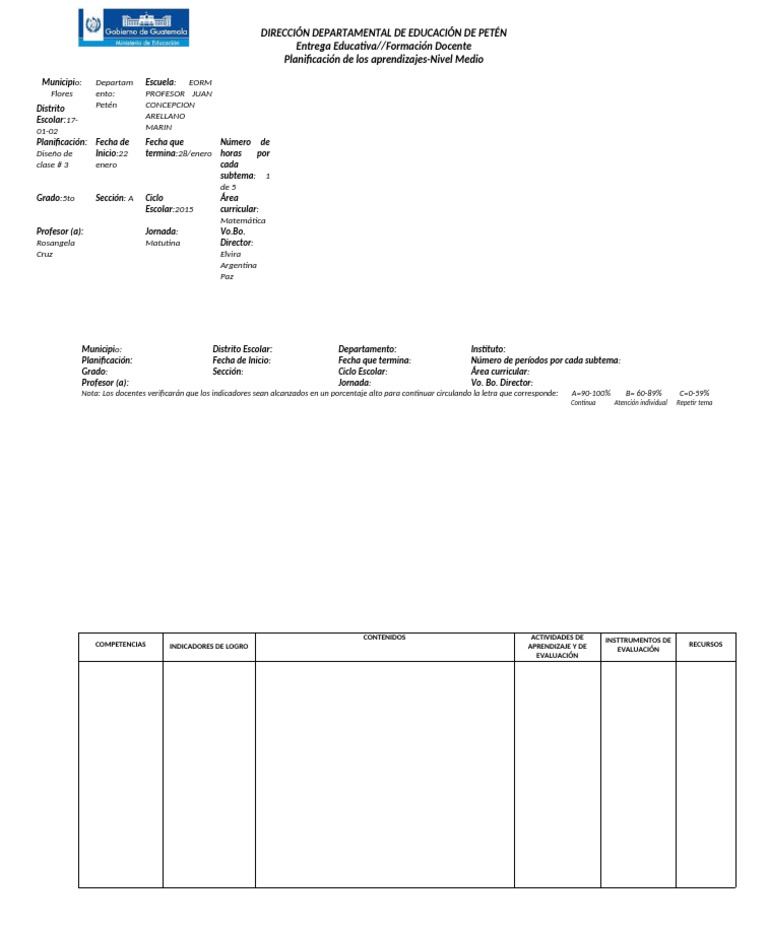 Formato planificacion del nivel medio 2016 corregido | PDF | Enseñando | Aprendizaje