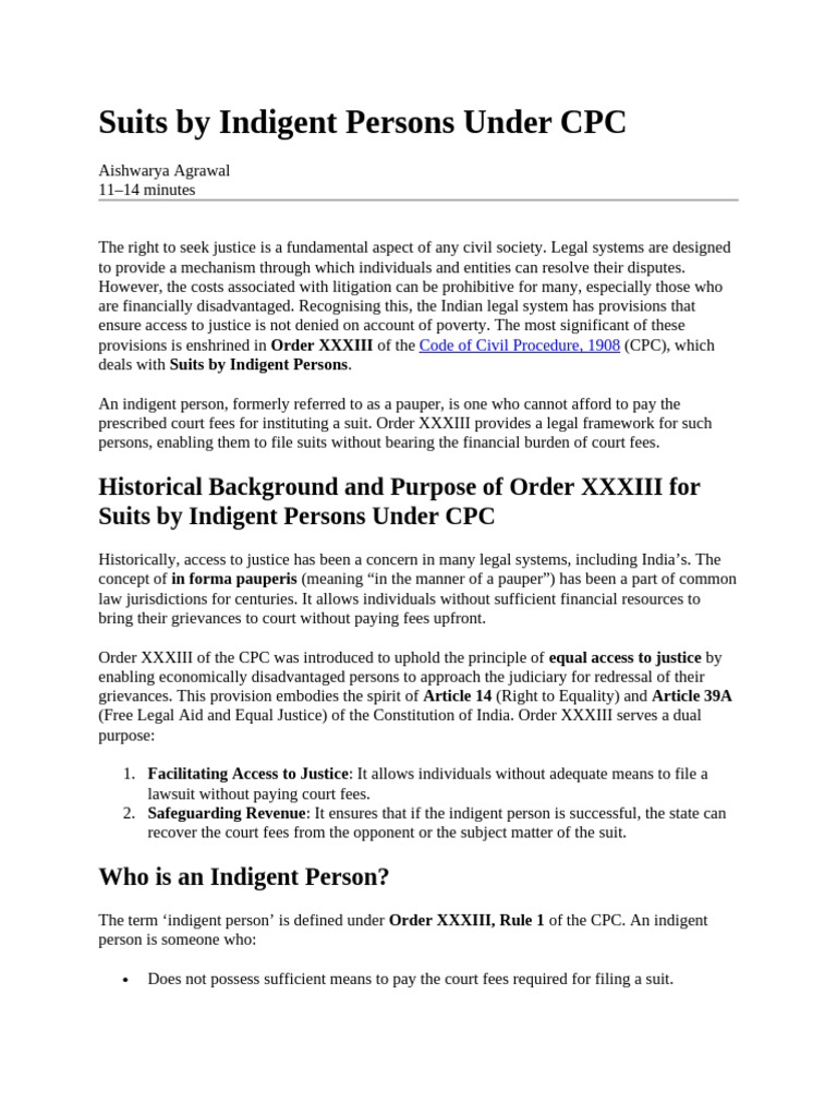 Indigent Persons' Suits Under CPC | PDF | Lawsuit | Legal Aid