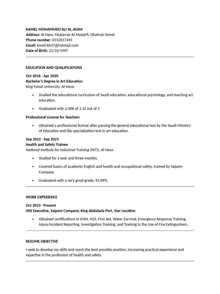 KAMEL MOHAMMED ALI AL JASIM CV | PDF