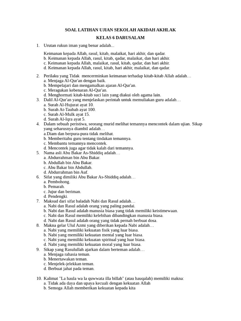 Soal Latihan Akidah Akhlak Kelas 6 | PDF