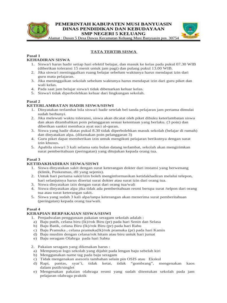Tata Tertib Siswa SMP Negeri 5 Keluang | PDF