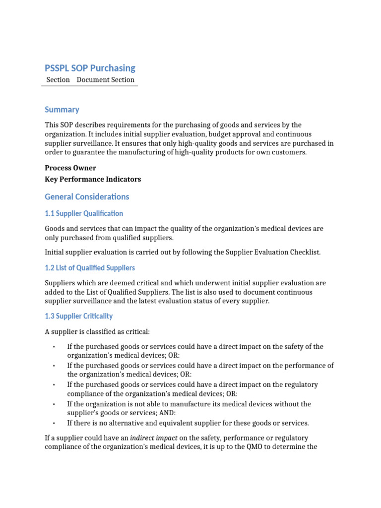 Medical Device Purchasing SOP | PDF | Audit | Medical Device