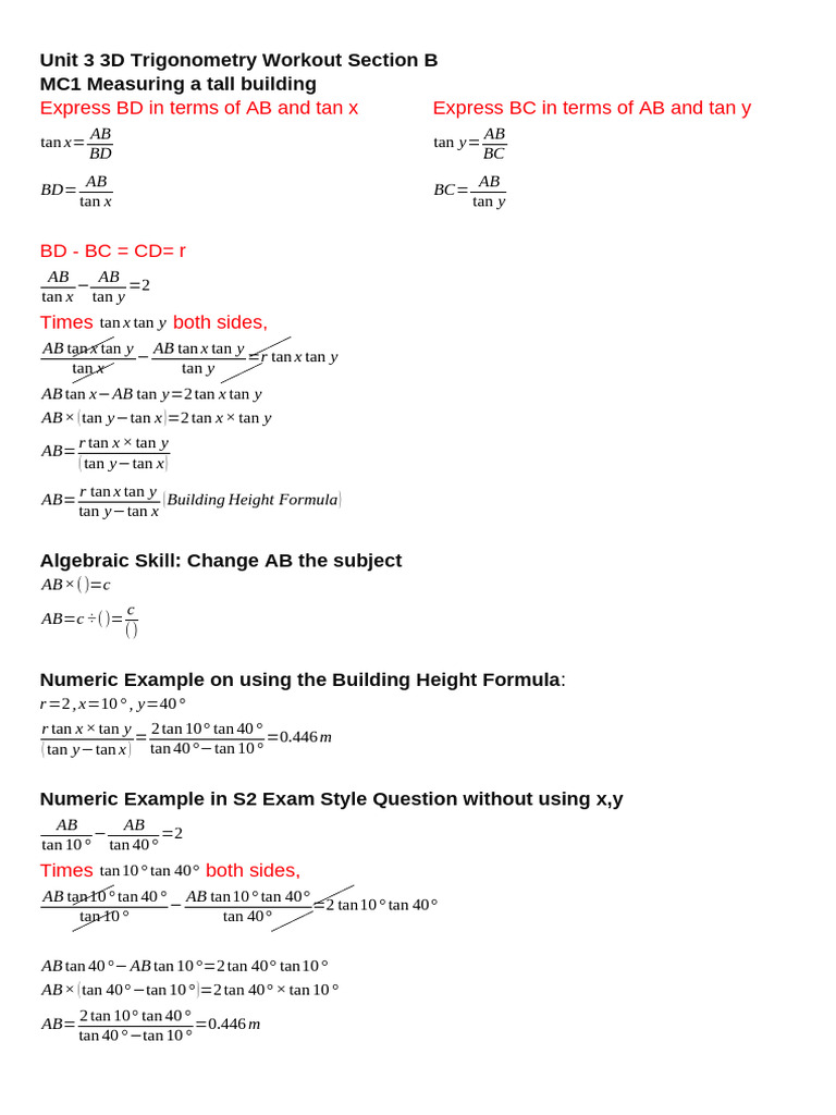 3D Trigonometry Building Height Calculations | PDF | Mathematics | Algebra