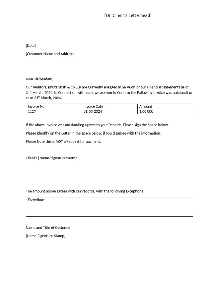 Audit Balance Confirmation Request Letter | PDF