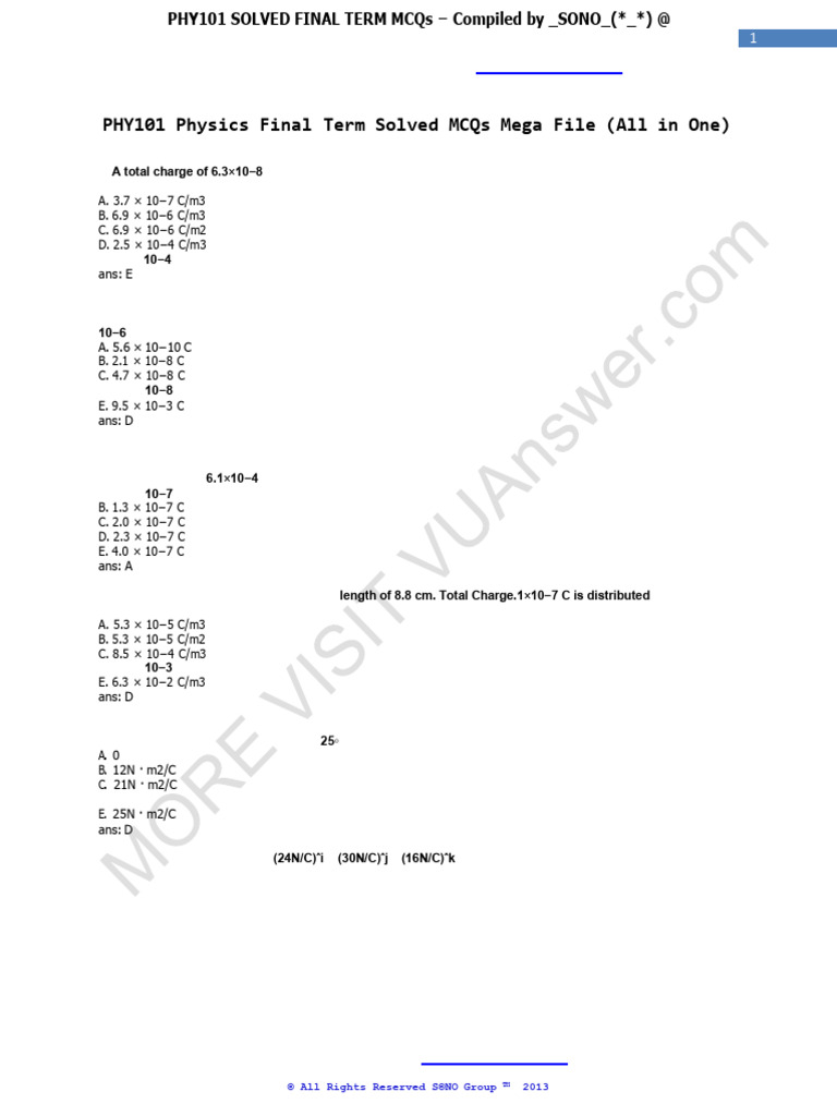 PHY101 FinalTermSolvedMCQsMegaFile - Download | PDF | Watt | Capacitance