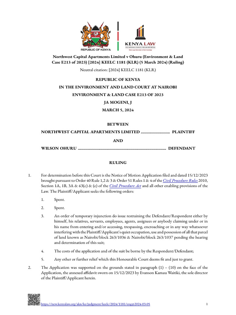 Northwest Capital Apartments Limited V Ohuru (Environment Land Case ...