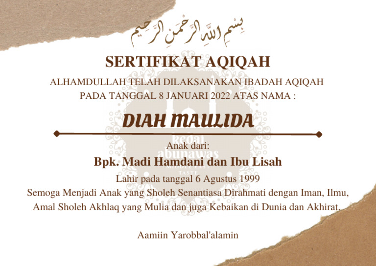 SERTIFIKAT AQIQAH (Diah Maulida) | PDF
