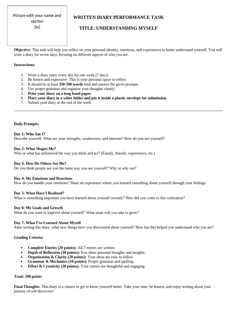 Understanding The Self PERIODIC EXAM WRITTEN DIARY PERFORMANCE TASK | PDF