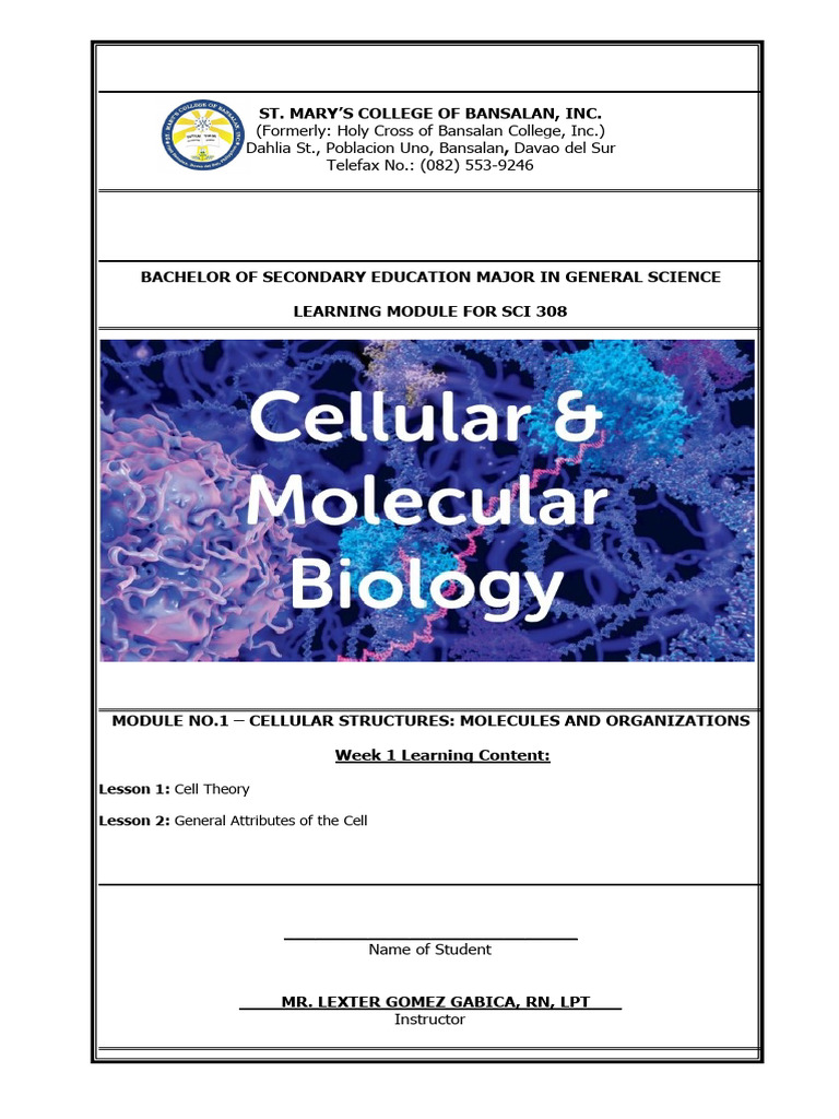 WEEK 1 Module 1 Part 1 Cellular and Molecular Biology | PDF | Cell (Biology) | Genetics