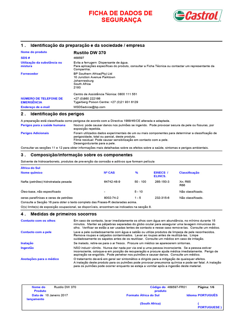 Ficha Técnica Do Óleo Rustilo DW | PDF | Incêndios | Águas residuais