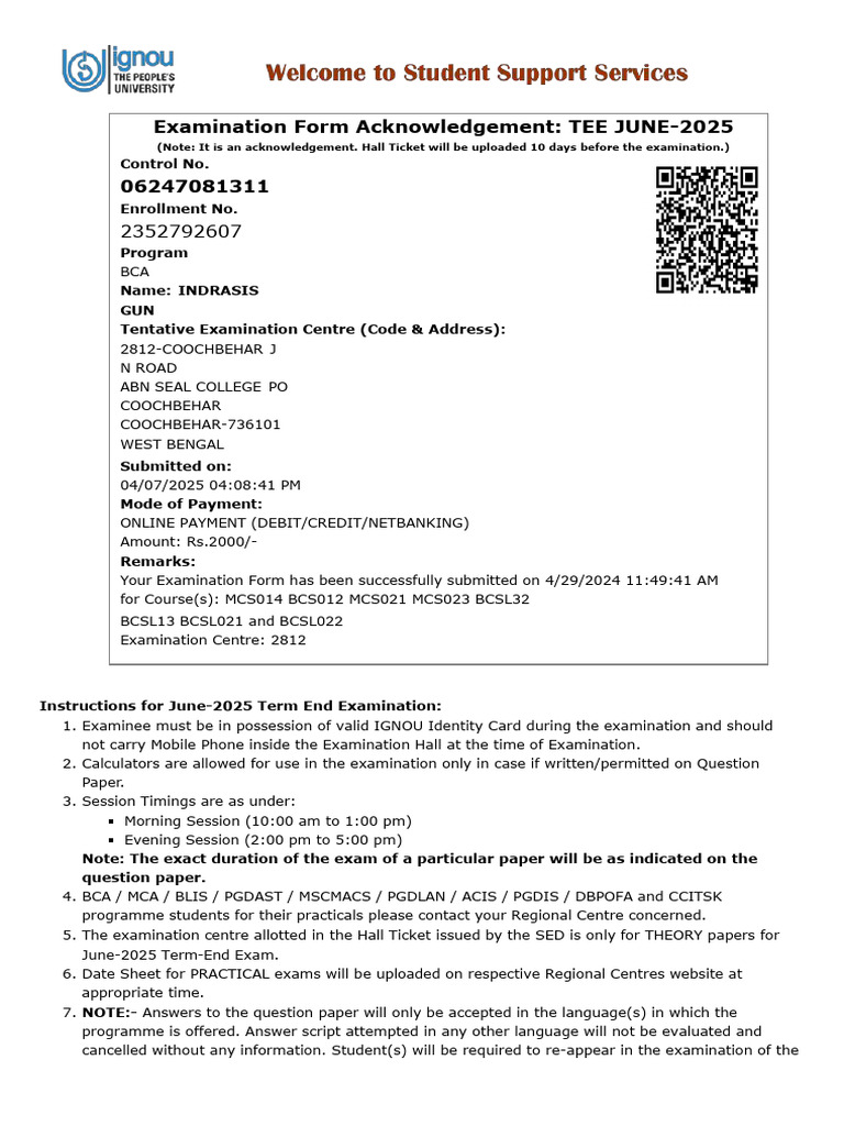 IGNOU - Examination Form Acknowledgement | PDF | Banking Technology