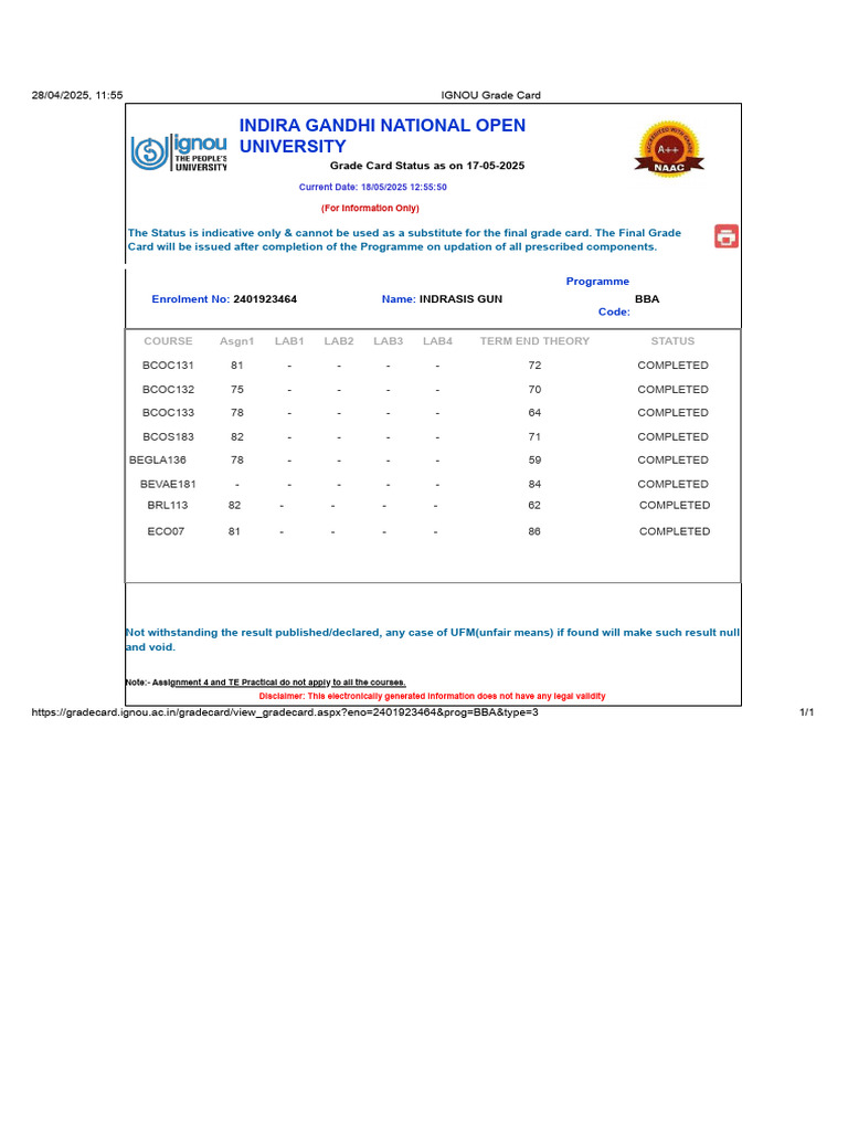 IGNOU Grade Card BBA Updated | PDF