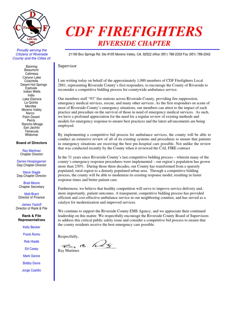 Letter From CDF Firefighters' Riverside Chapter About The County ...