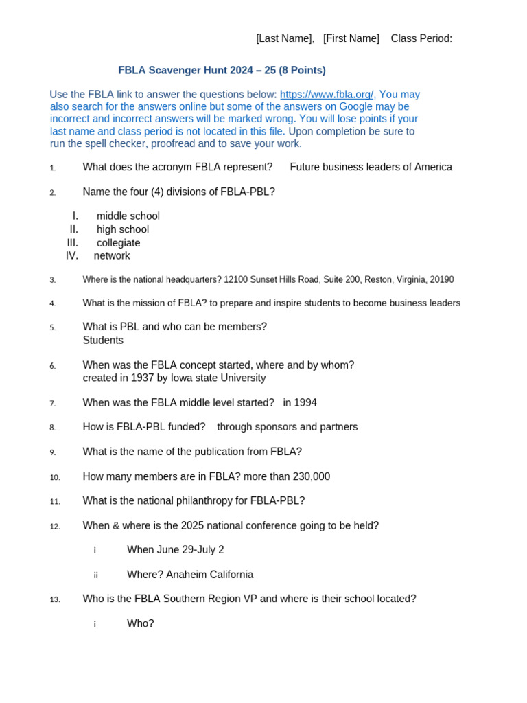 FBLA Scavenger Hunt Overview 2024-25 | PDF | Child Related ...