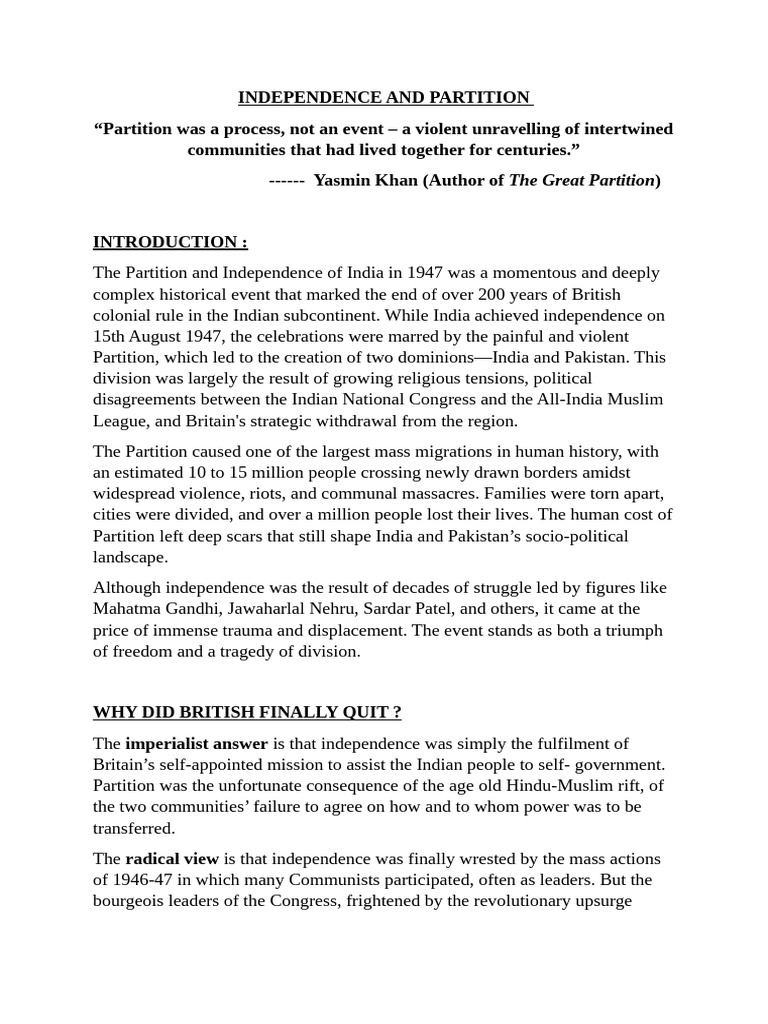 INDEPENDENCE AND PARTITION | PDF | Partition Of India | Independence ...