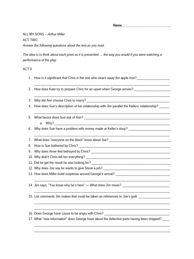 "All My Sons Act II Study Questions" | PDF