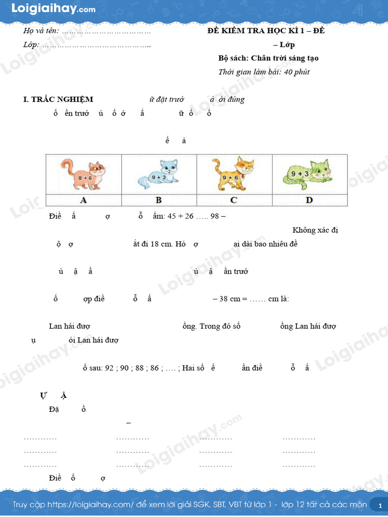 De Kiem Tra Hoc Ki 1 Toan 2 Chan Troi Sang Tao de So 12 1703817485 | PDF