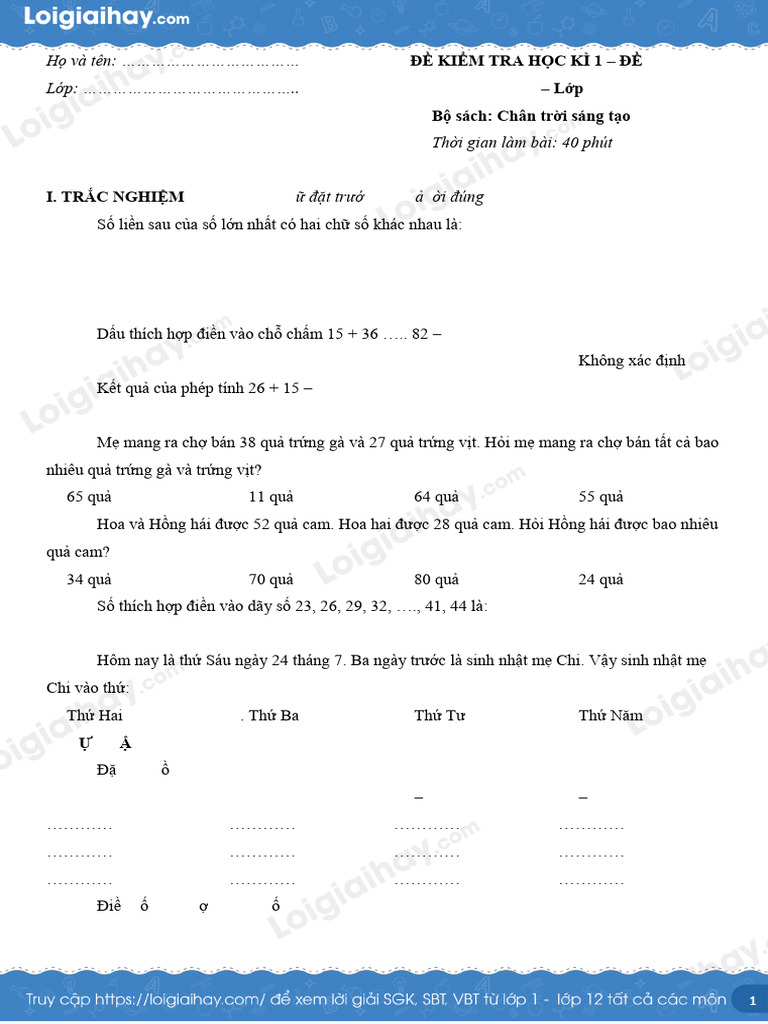 De Kiem Tra Hoc Ki 1 Toan 2 Chan Troi Sang Tao de So 14 1703818125 | PDF