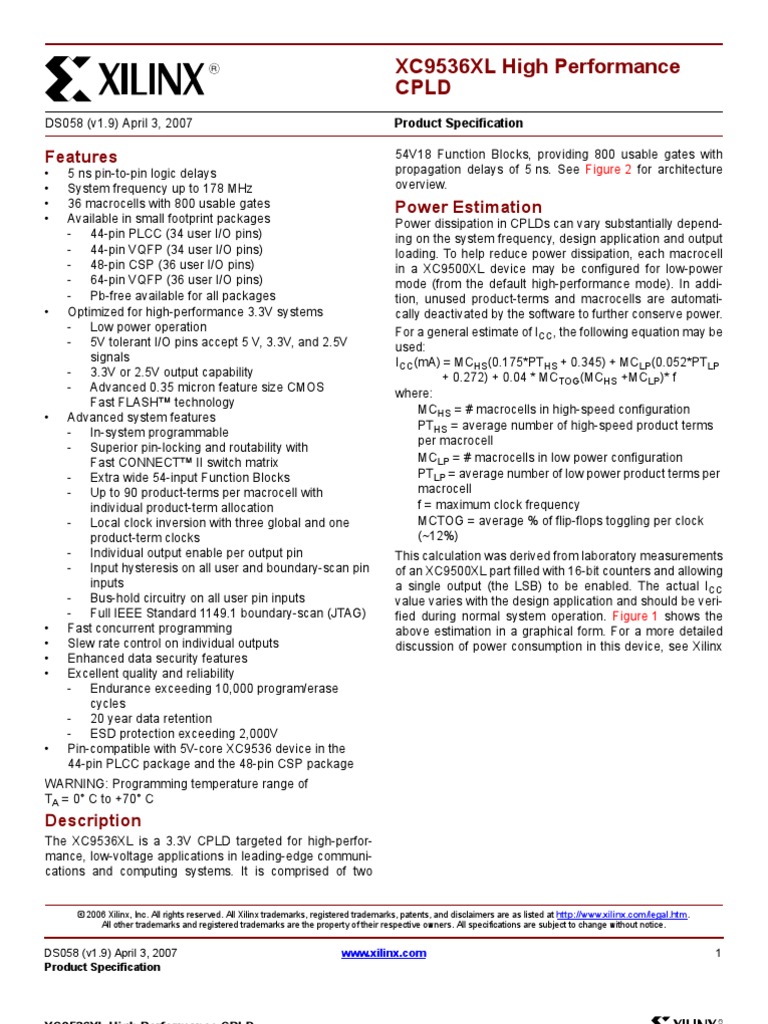 XC9536XL High Performance CPLD: Features Power Estimation | PDF ...
