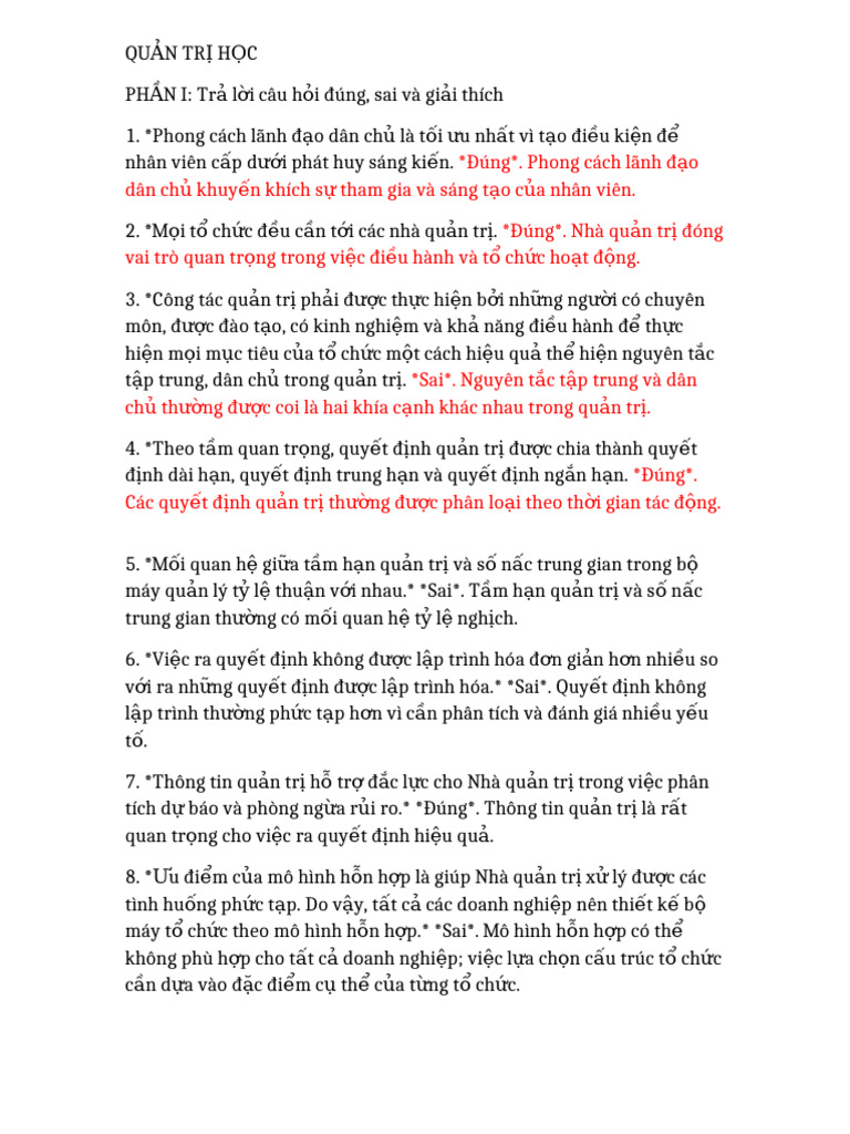 ĐỀ CƯƠNG QTH | PDF