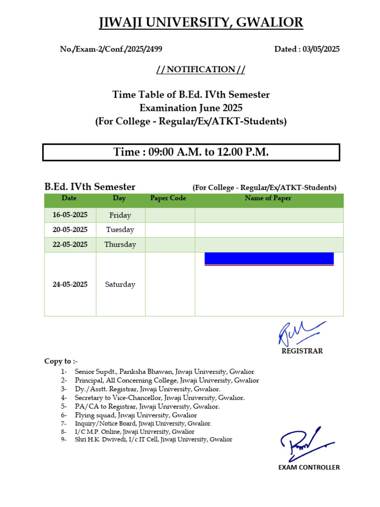 Time Table of B.ed - IVth Semester For College Regular Ex ATKT Students Exam June 2025 | PDF
