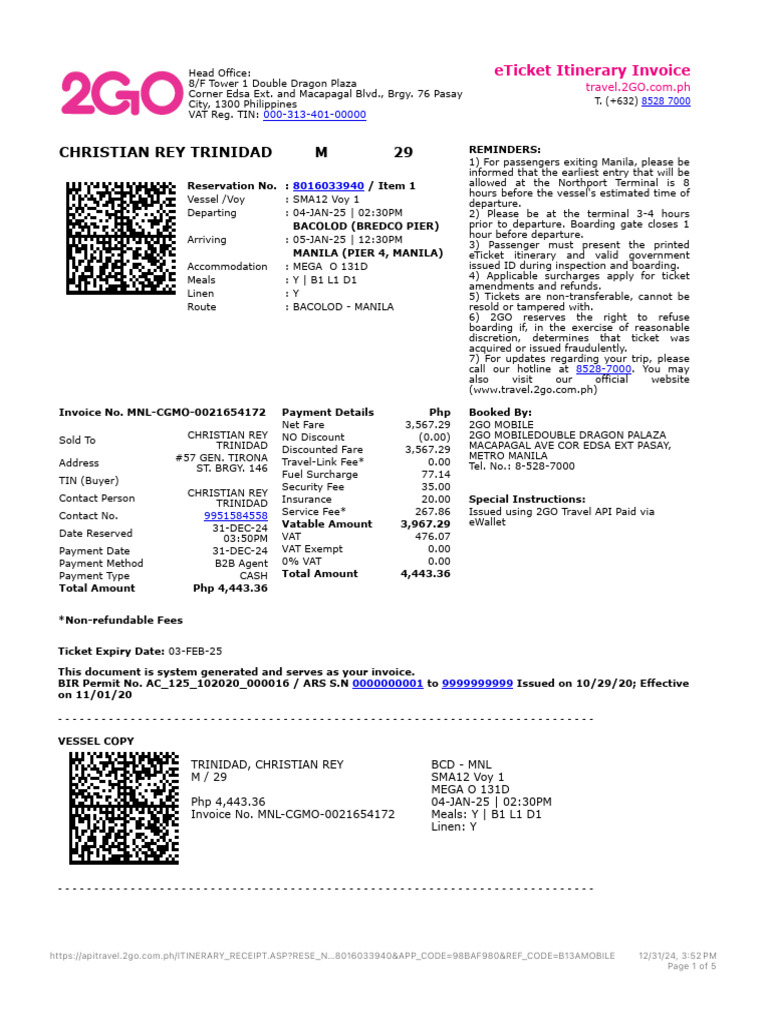 2GO Travel - Itinerary Receipt | PDF | Legal Liability | Fee