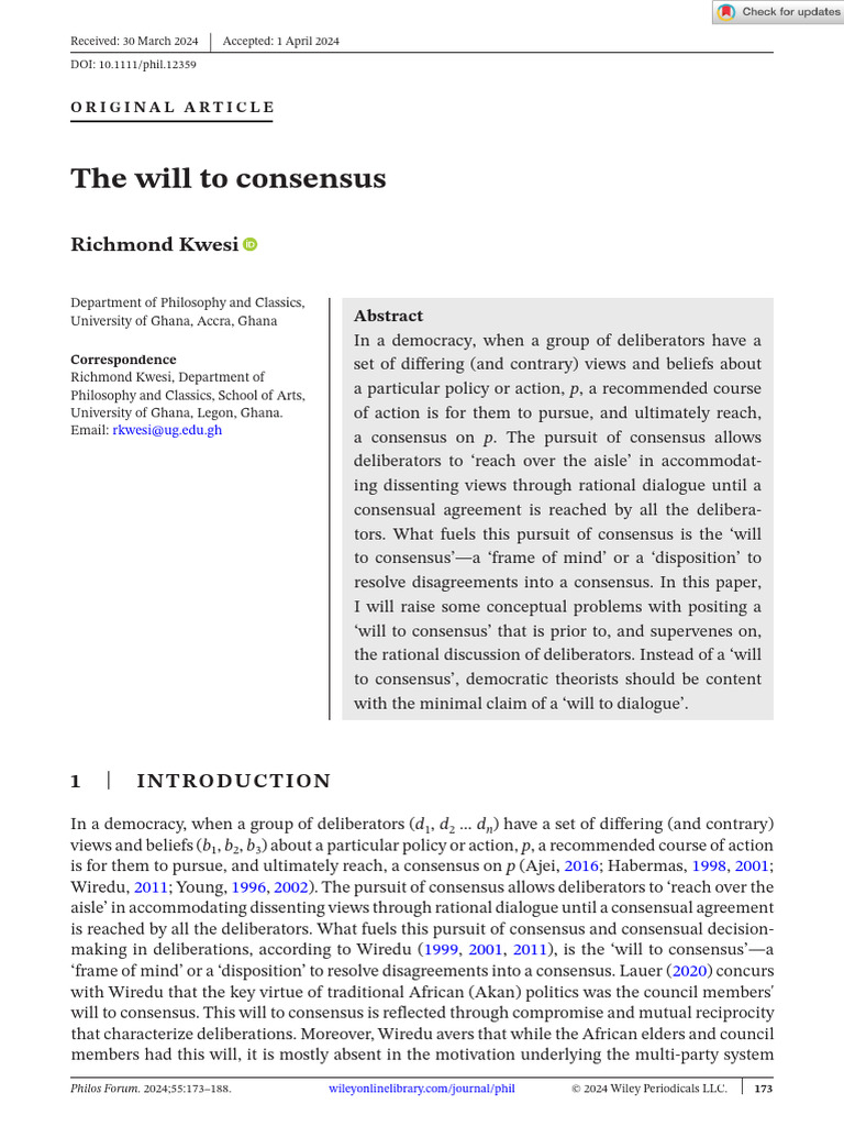 Kwesi - The Will To Consensus | PDF | Consensus Decision Making | Deliberation