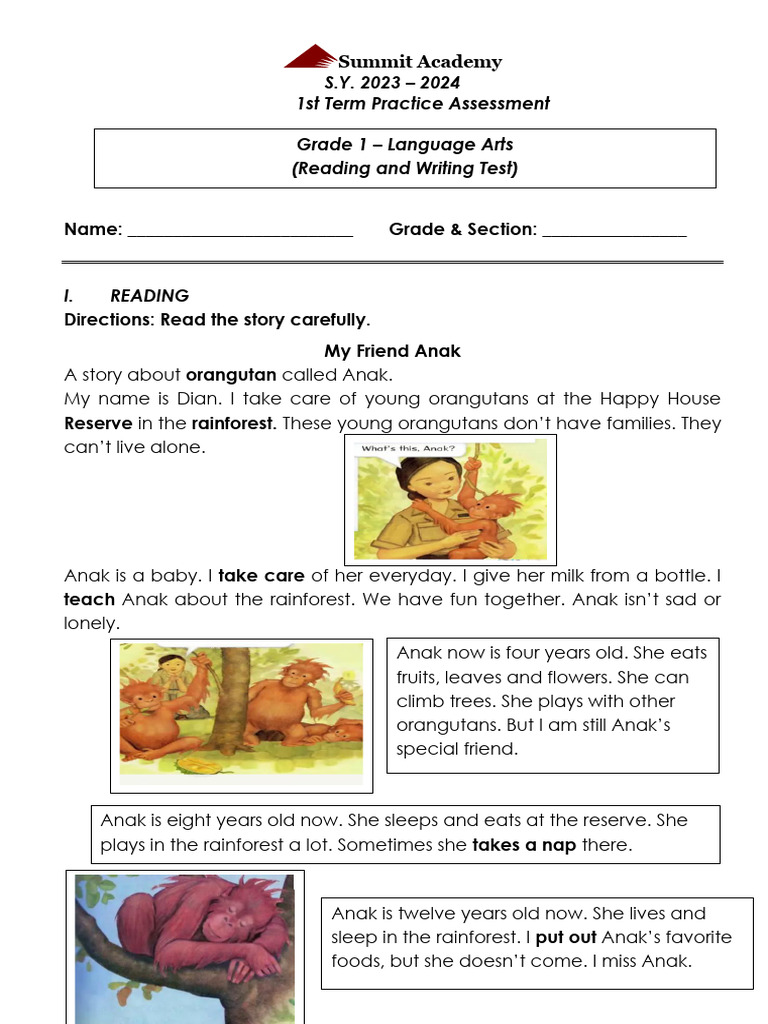 Grade 1 Language Arts Assessment | PDF