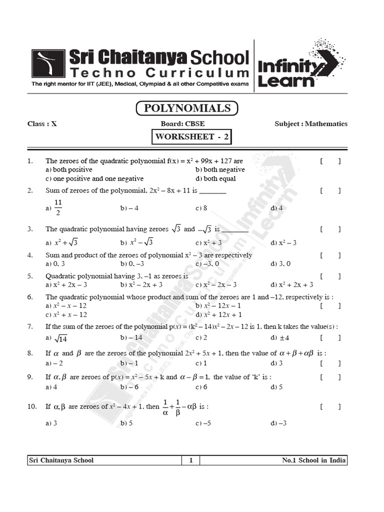 Polynomials Work Sheet - 2 | PDF | Zero Of A Function | Polynomial