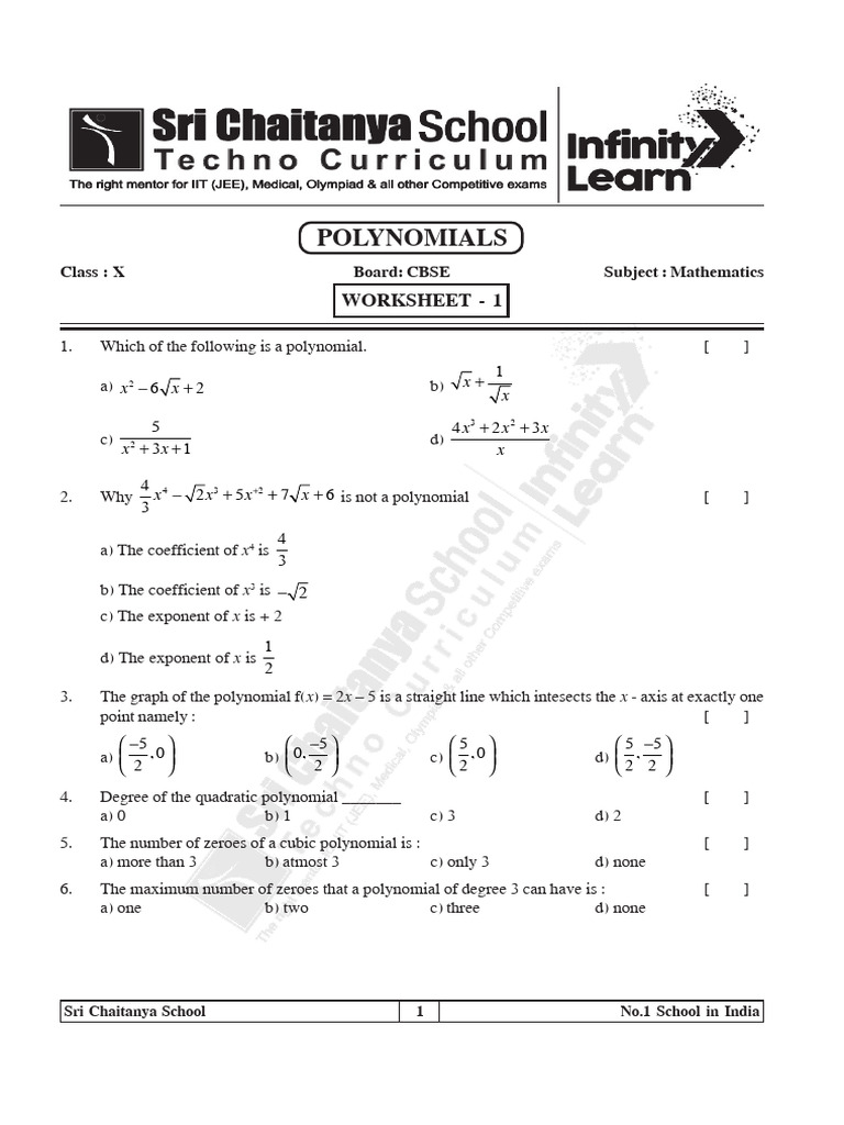 Polynomials Work Sheet - 1 | PDF | Mathematics | Numerical Analysis