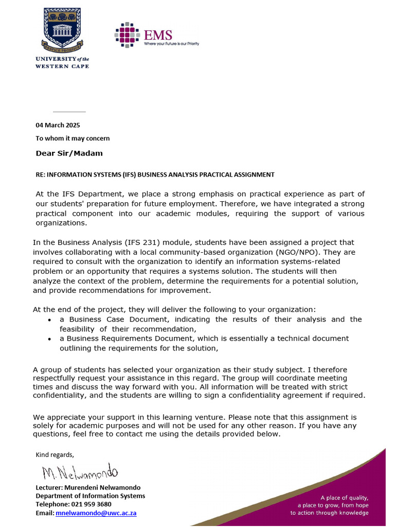 IFS231 Assignment Letter For Organizations | PDF