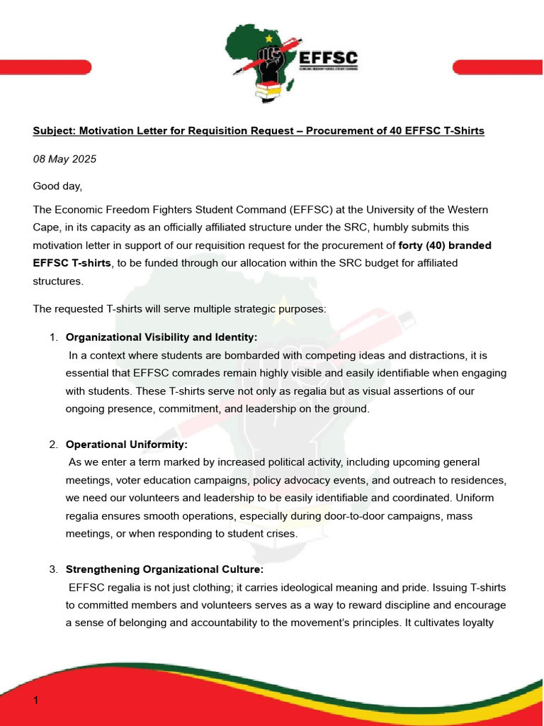 EFFSC T-Shirt Procurement Motivation Letter | PDF | Motivation ...