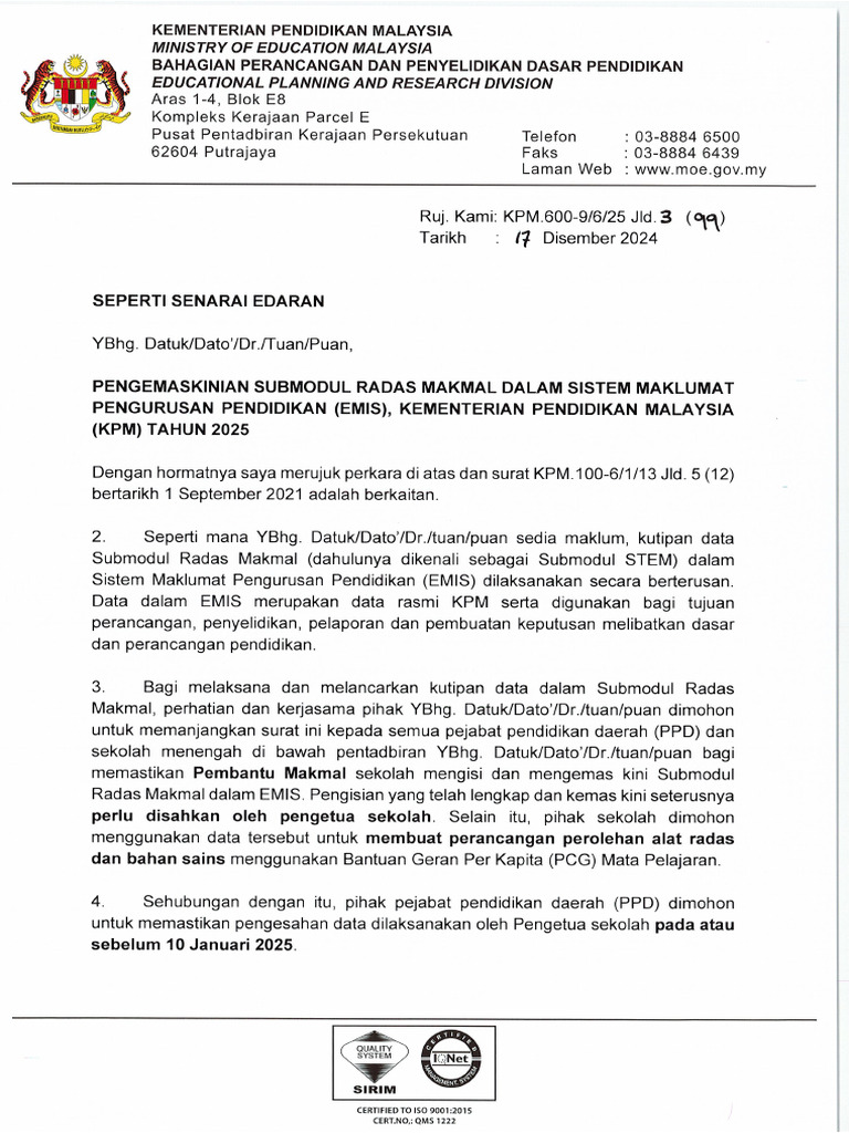 Surat Pengemaskinian Submodul Radas Makmal Dalam EMIS KPM | PDF