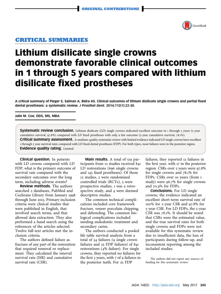 Lithium Disilicate Single Crowns Demonstrate Favor | PDF | Systematic ...