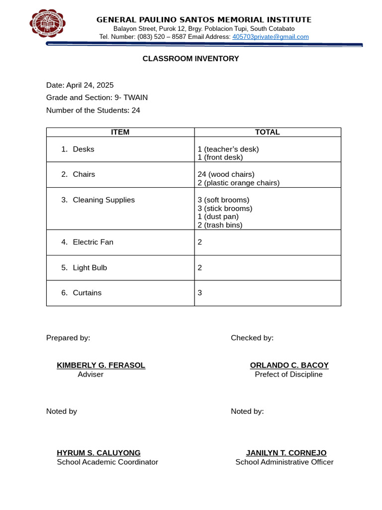 Classroom Inventory | PDF