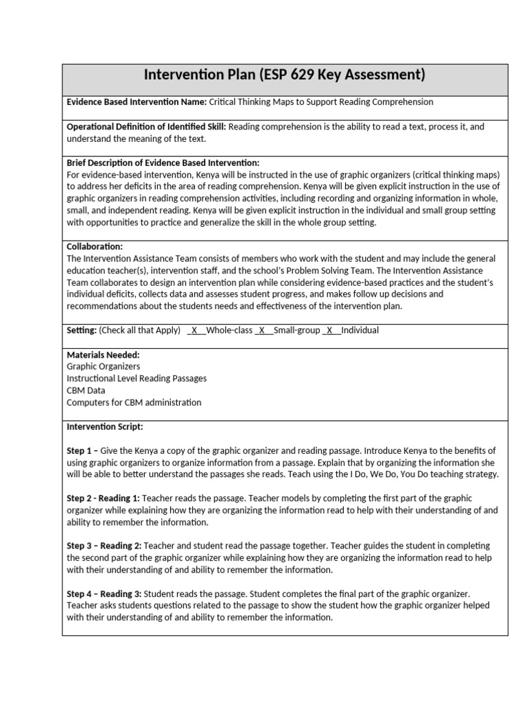 ESP 629 Intervention Plan | PDF | Reading Comprehension | Evidence Based Medicine