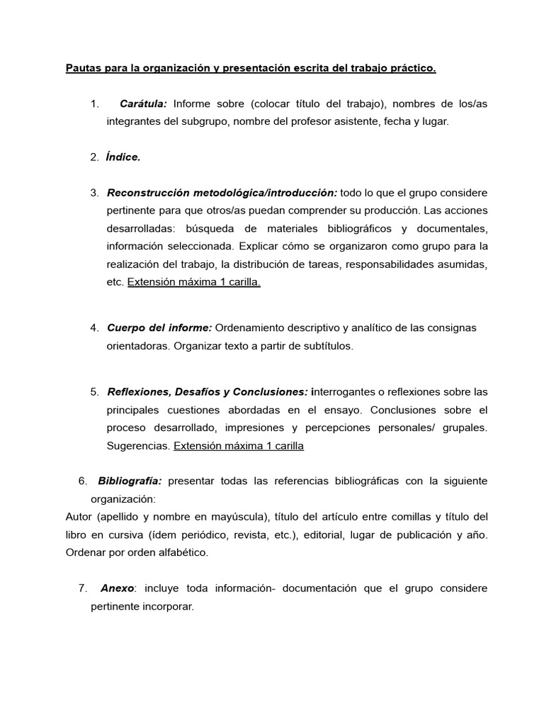 Pautas para la organización y presentación escrita del trabajo práctico | PDF