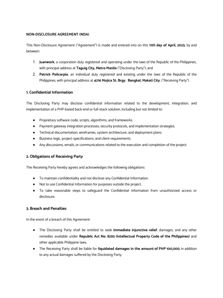 NDA CONTRACT - Patrick Policarpio | PDF | Non Disclosure Agreement ...