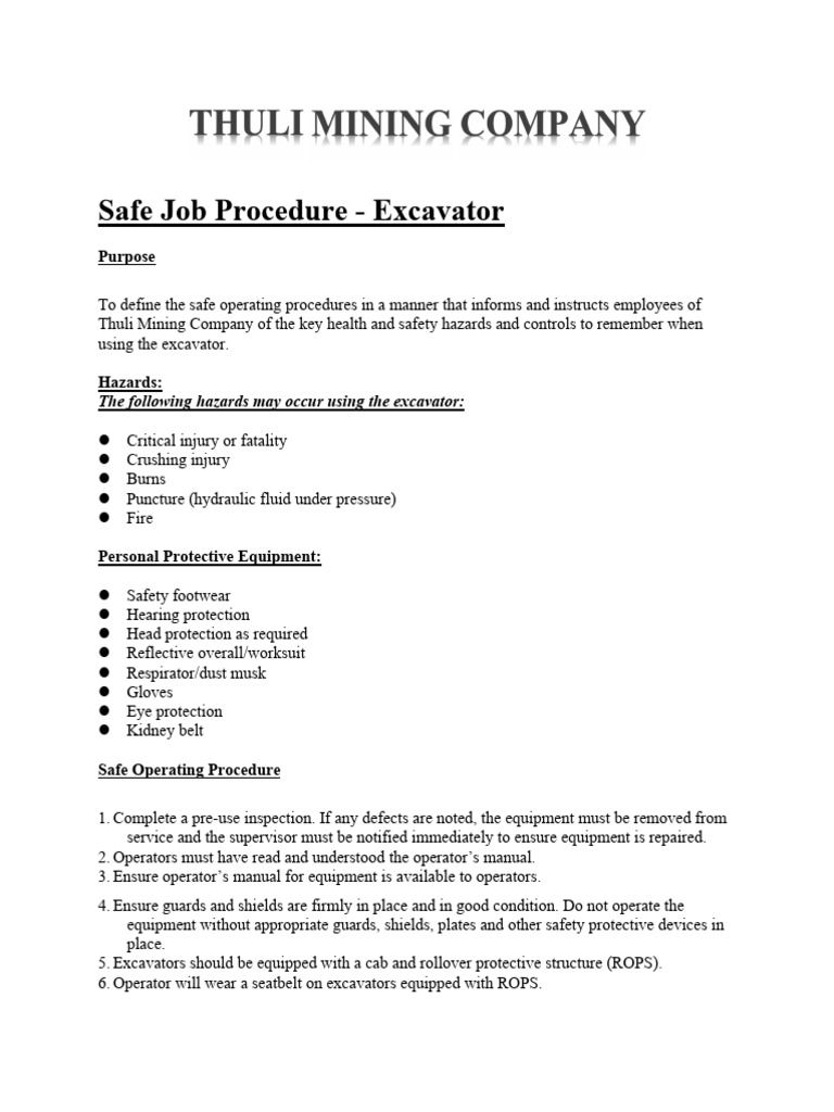Excavator Safe Operating Procedures | PDF | Personal Protective ...