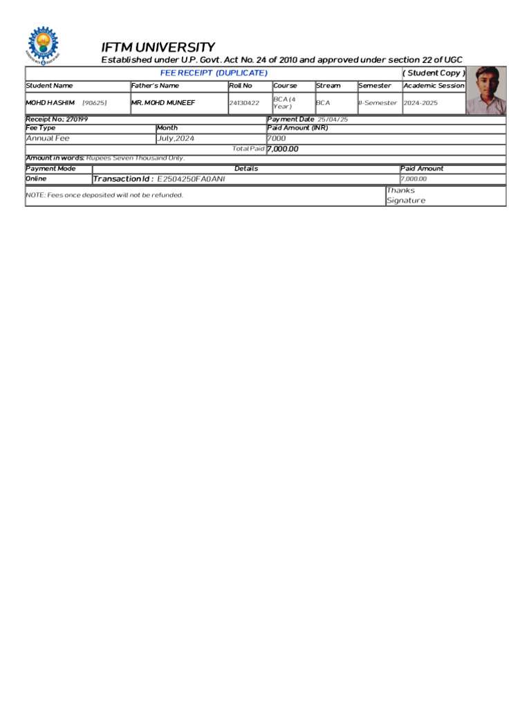 Hasim Fee Slip | PDF