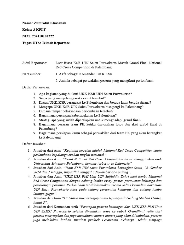 Uts Teknik Reportase - Zumrotul Khasanah | PDF