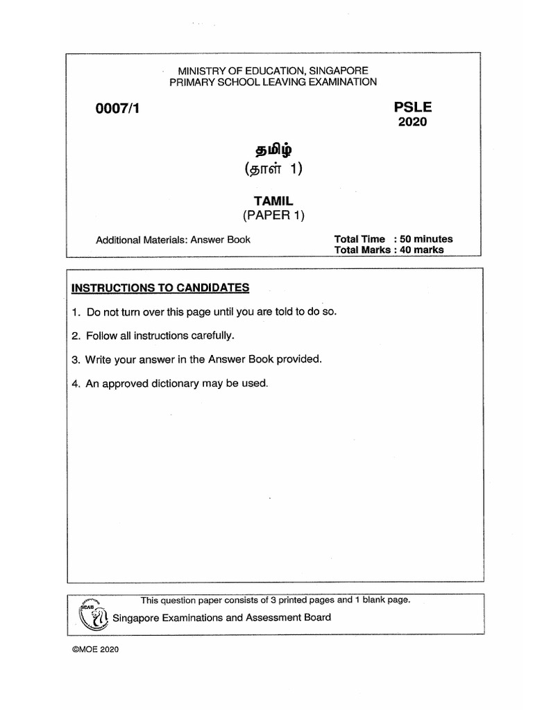 2020 PSLE Tamil Language | PDF