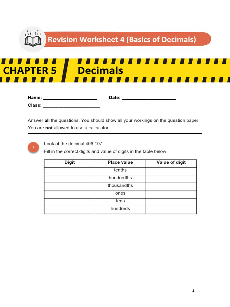 Year 6 Revision Worksheet 4 - Basics of Decimals | PDF | Decimal | Numbers
