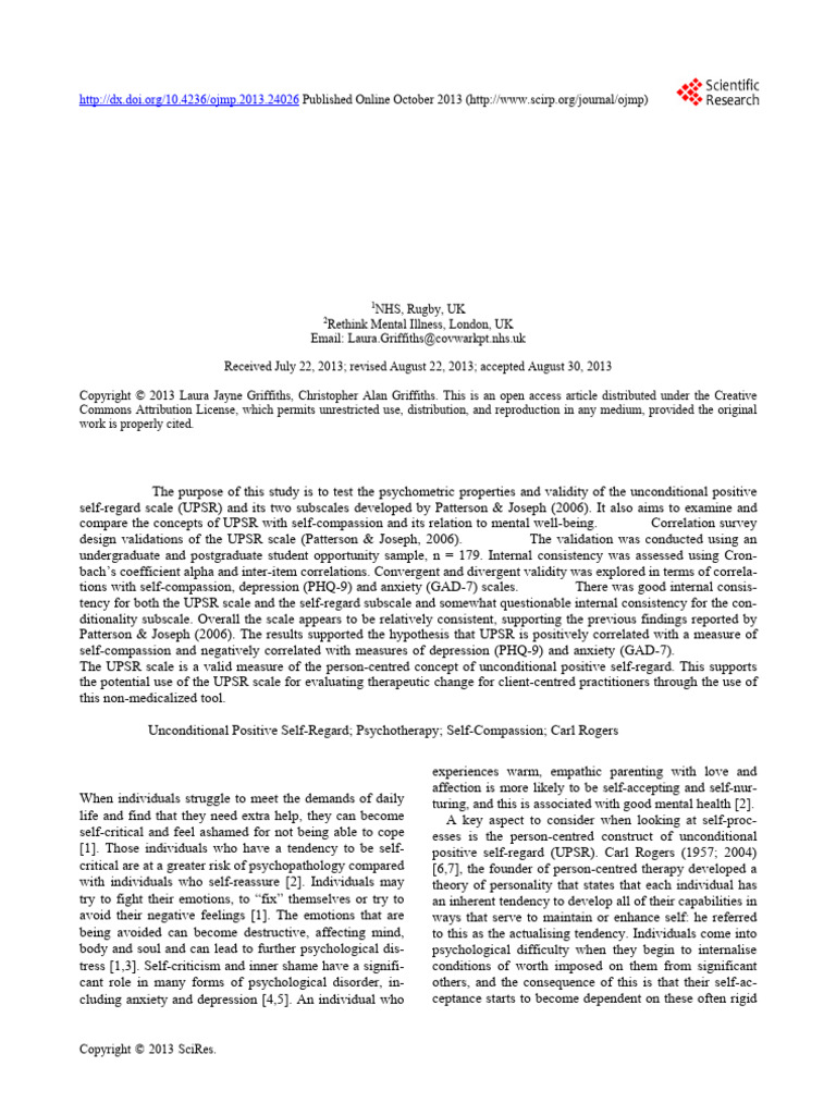 Validating Unconditional Positive Self-Regard Scale | PDF ...