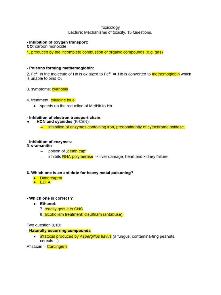 Mechanisms of Toxicity, 15 Questions | PDF