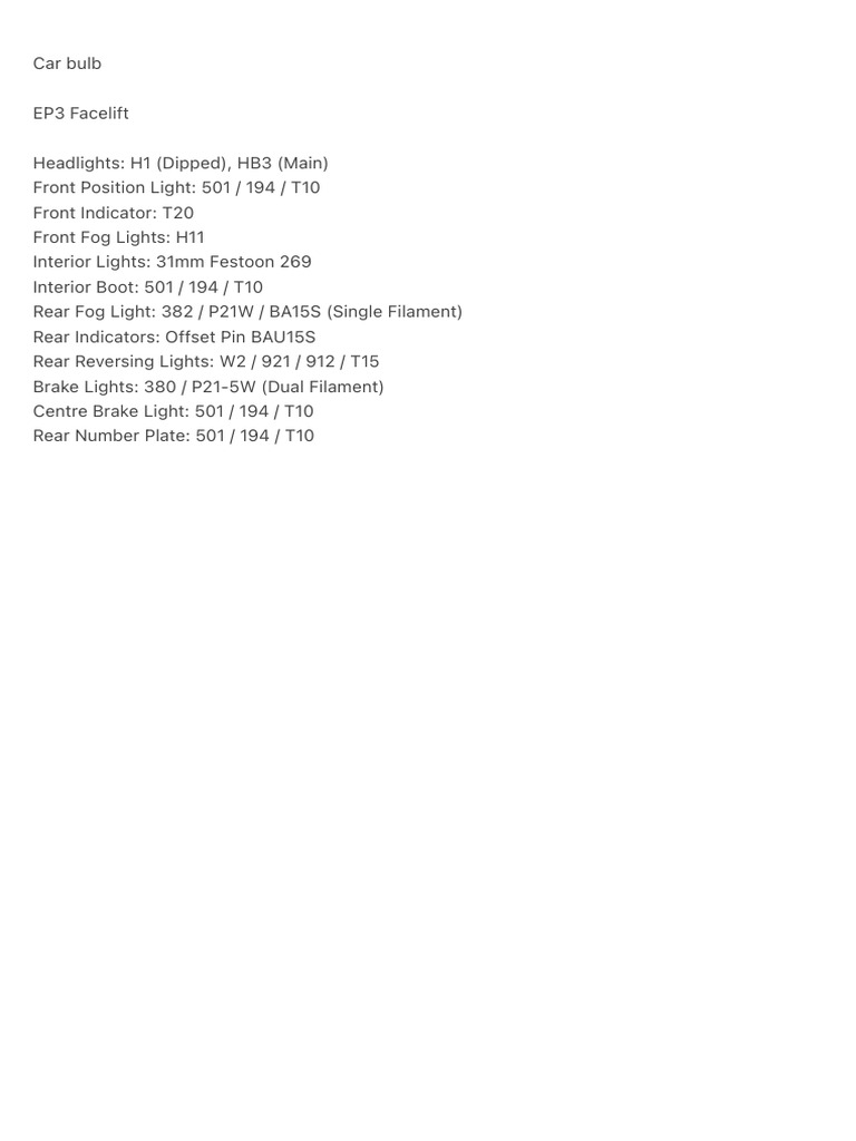 Honda Civic EP3 Bulb List | PDF