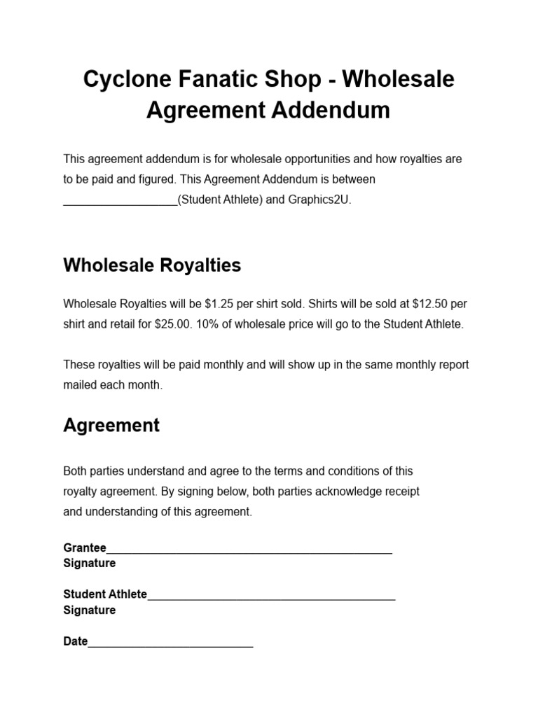 Cyclone Fanatic Shop - Wholesale Agreement Addendum | PDF